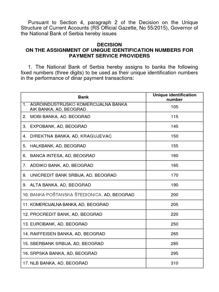 Decision On The Assignment of Unique Identification Numbers For Payment ...