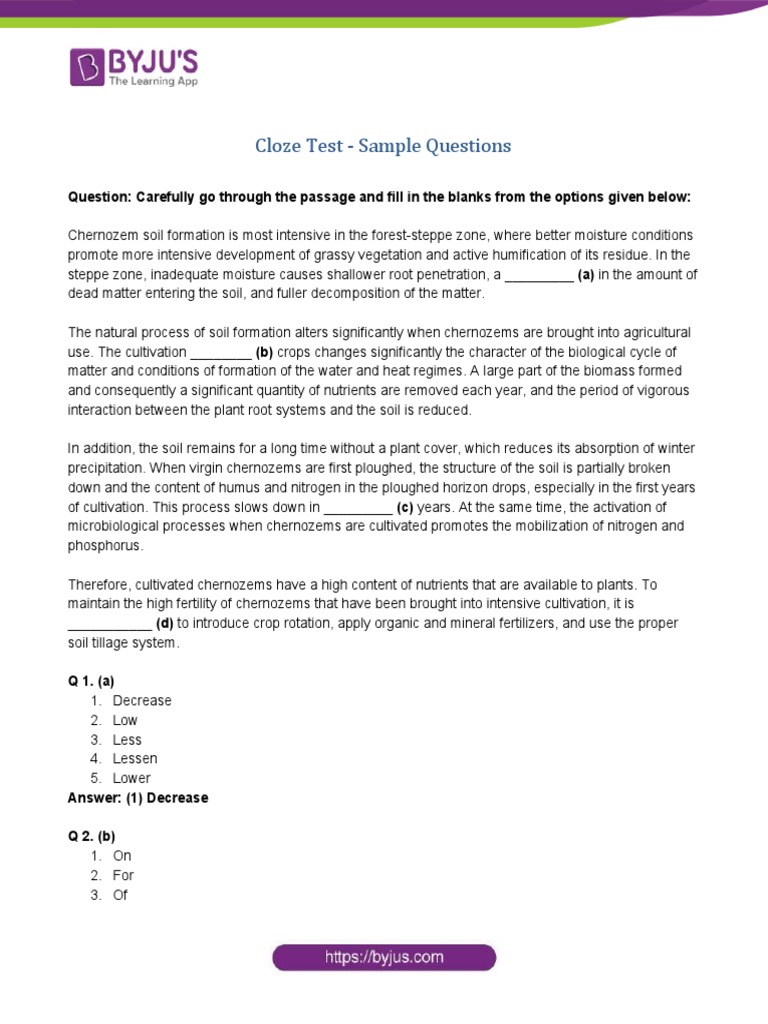 Cloze Test Sample Questions | PDF | Tillage | Soil