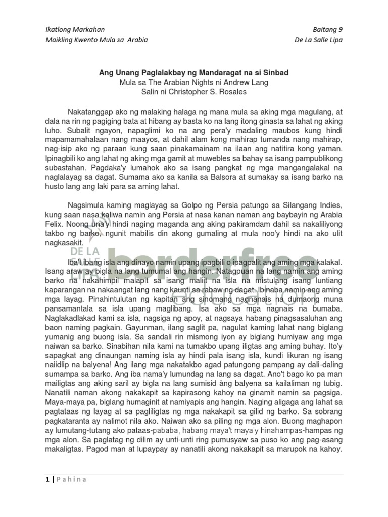 Maikling Kwento. Ang Unang Paglalakbay NG Mandaragat Na Si Sinbad | PDF