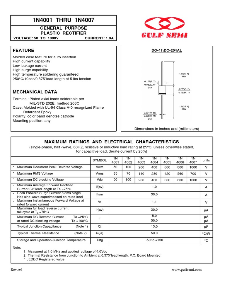 Data Sheet DIODO PN 1N4001 | PDF | Rectifier | Electrical Components