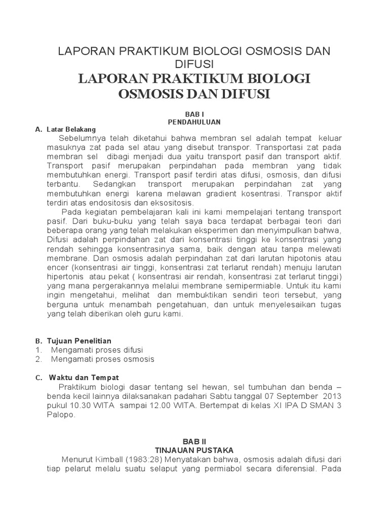 Laporan Praktikum Biologi Osmosis Dan Difusi | PDF