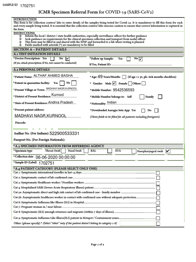 Icmr Specimen Referral Form For Covid-19 (Sars-Cov2) : Section A ...