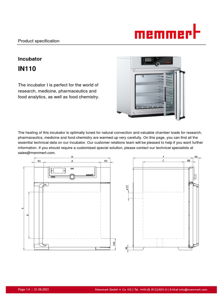 Memmert IN110 Incubator Specifications | PDF | Door | Temperature