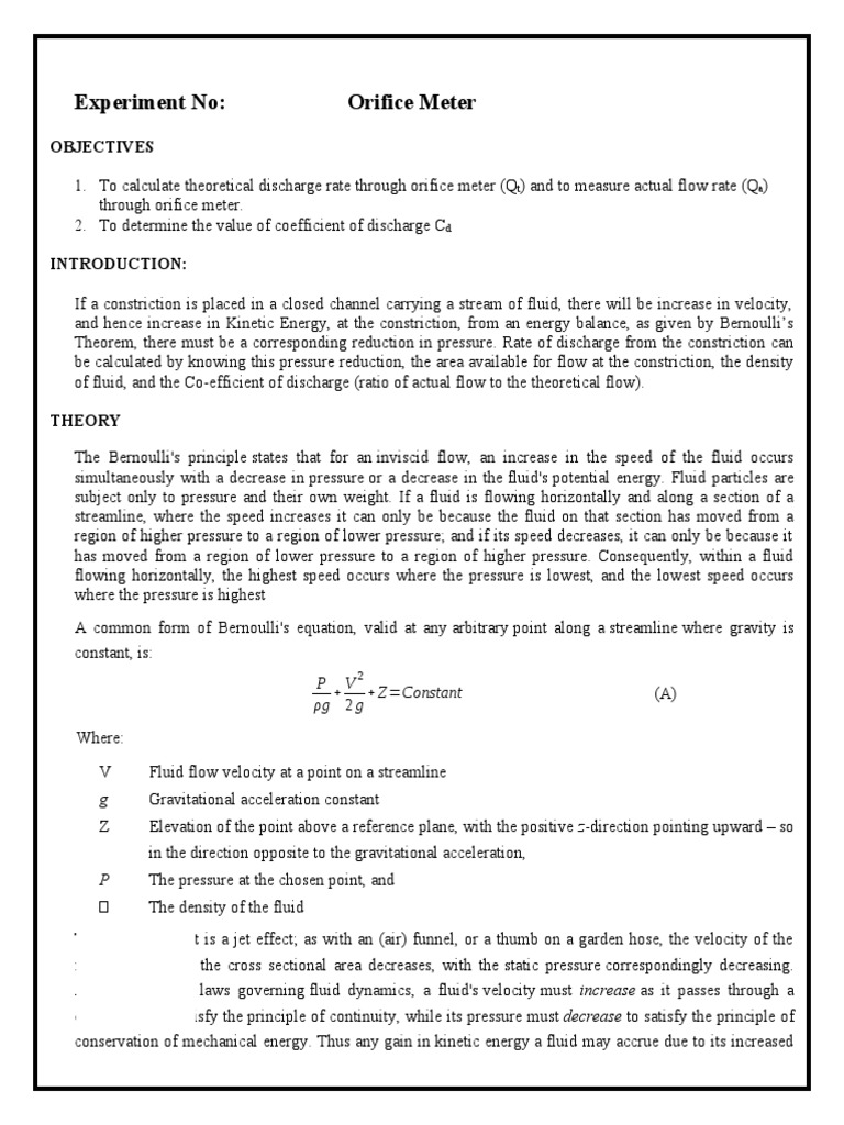 Orifice Meter Experiment Overview | PDF | Fluid Dynamics | Pressure