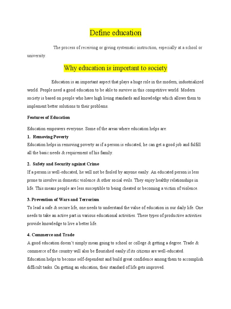 Define Education: Why Education Is Important To Society | PDF ...