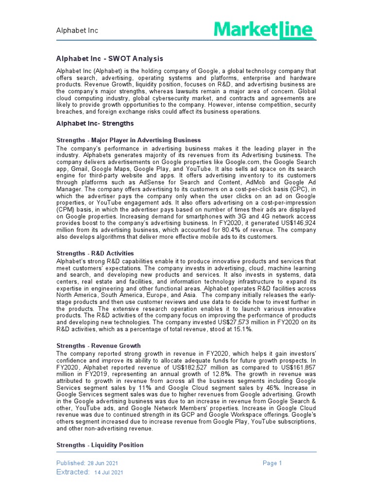 Alphabet Inc - SWOT Analysis | PDF | Cloud Computing | Information Age