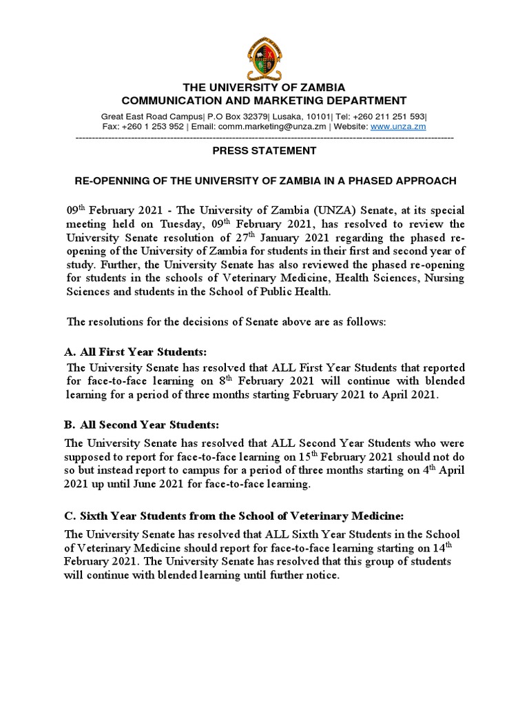 UNZA Press Statement - 09th Feb. 2021 | PDF | Health Care | Further ...