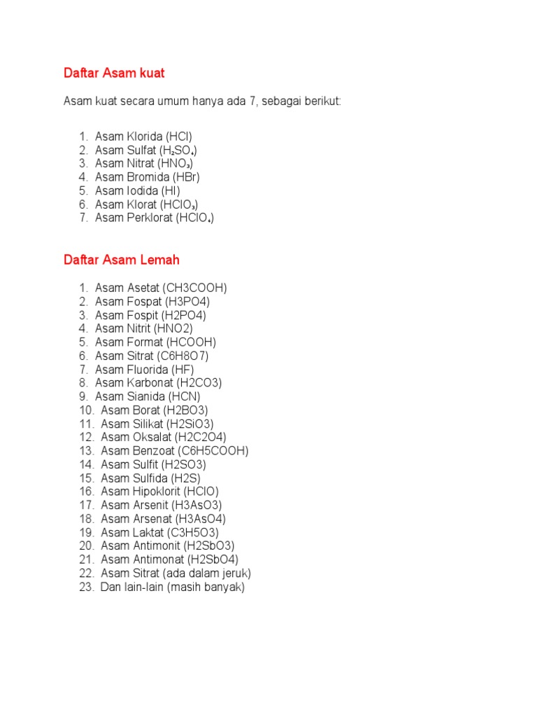 Daftar Asam Kuat, Asam Lemah Dan Basa Kuat, Basa Lemah | PDF