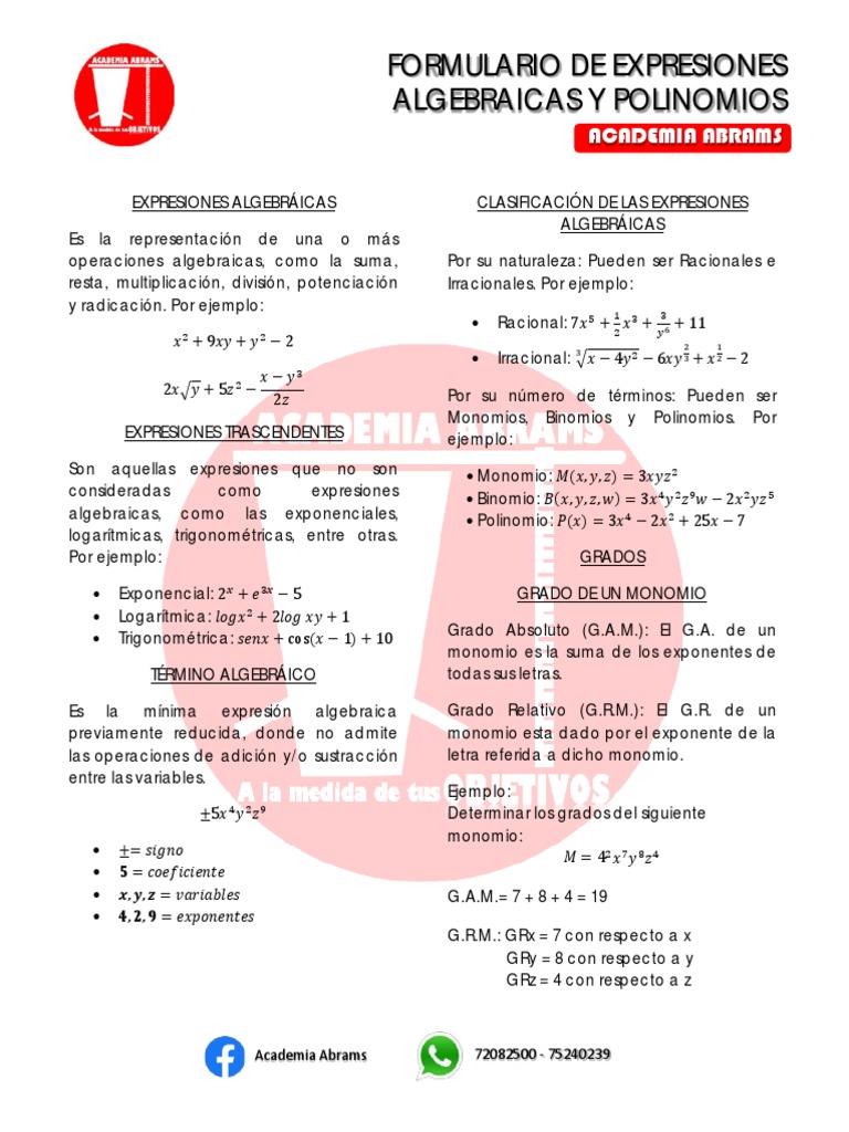 Formulario de Exp Algebraicas y Polinomios Aa | PDF | Matemática Elemental | Álgebra abstracta
