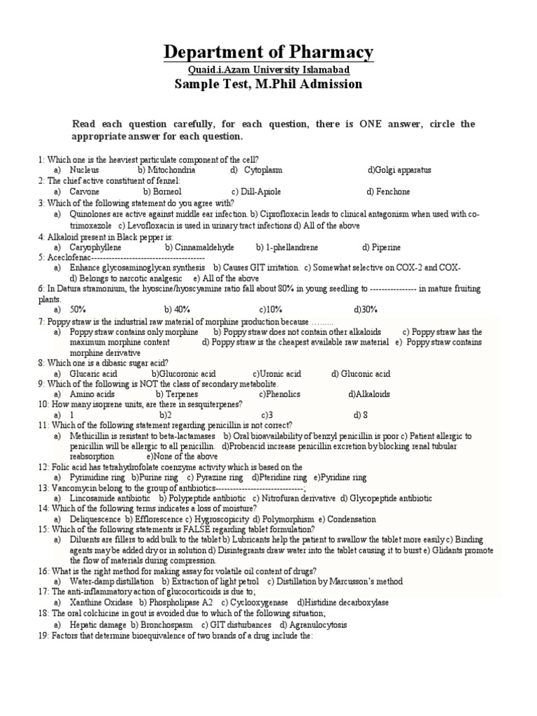 Department of Pharmacy: Sample Test, M.Phil Admission | PDF | Pharmacy ...