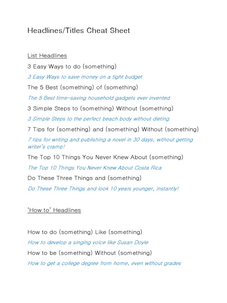 Headlines/Titles Cheat Sheet | PDF | Language Arts & Discipline | Self-Improvement