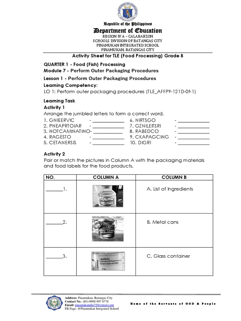 G8 Activity Sheet TLE-Food Processing-Q1 - M7 | PDF | Foods | Materials