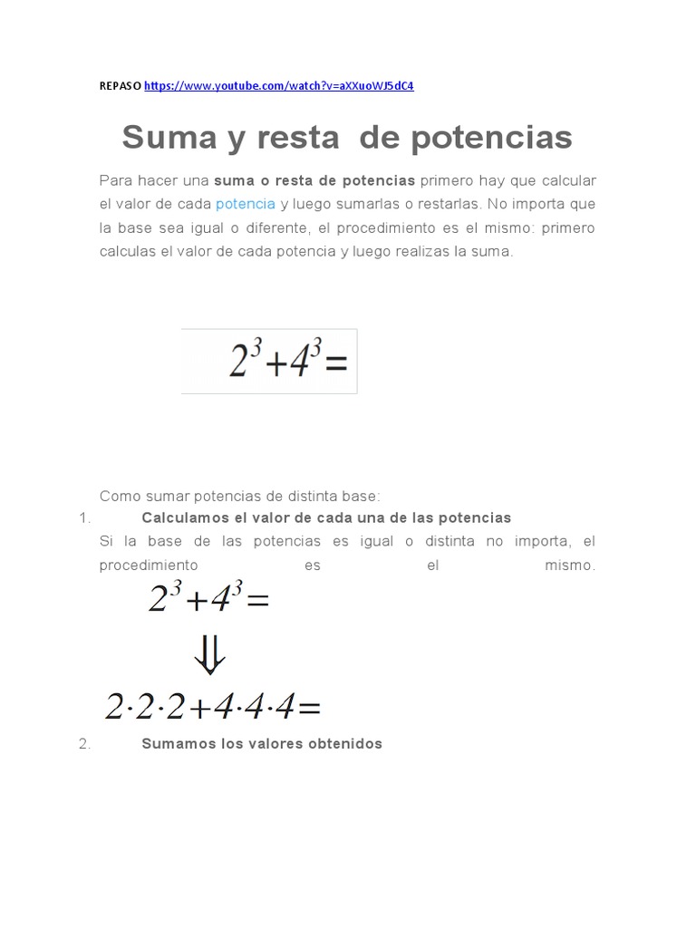 Suma y Resta de Potencias: Ejercicios | PDF | Métodos y materiales de ...