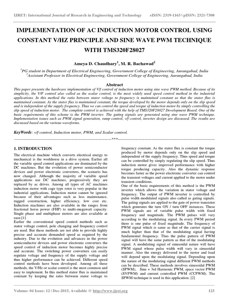 Implementation of Ac Induction Motor Control Using Constant V/HZ Principle and Sine Wave PWM ...
