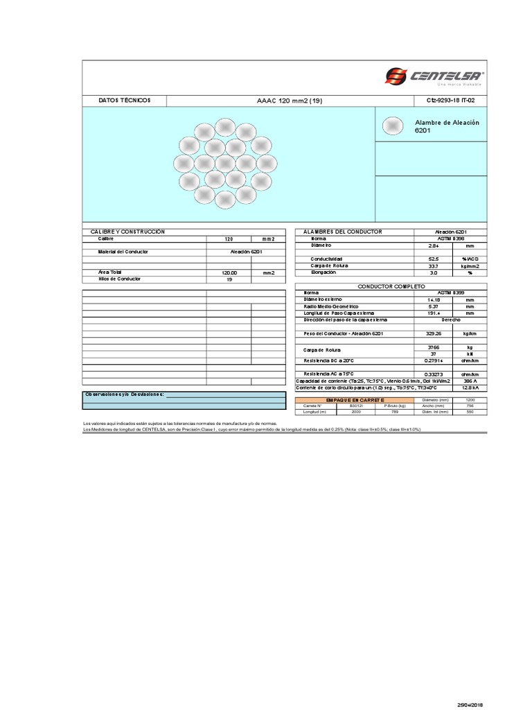 CENTELSA - DISEÑO AAAC 120mm2 19H | PDF | Metrología | Física