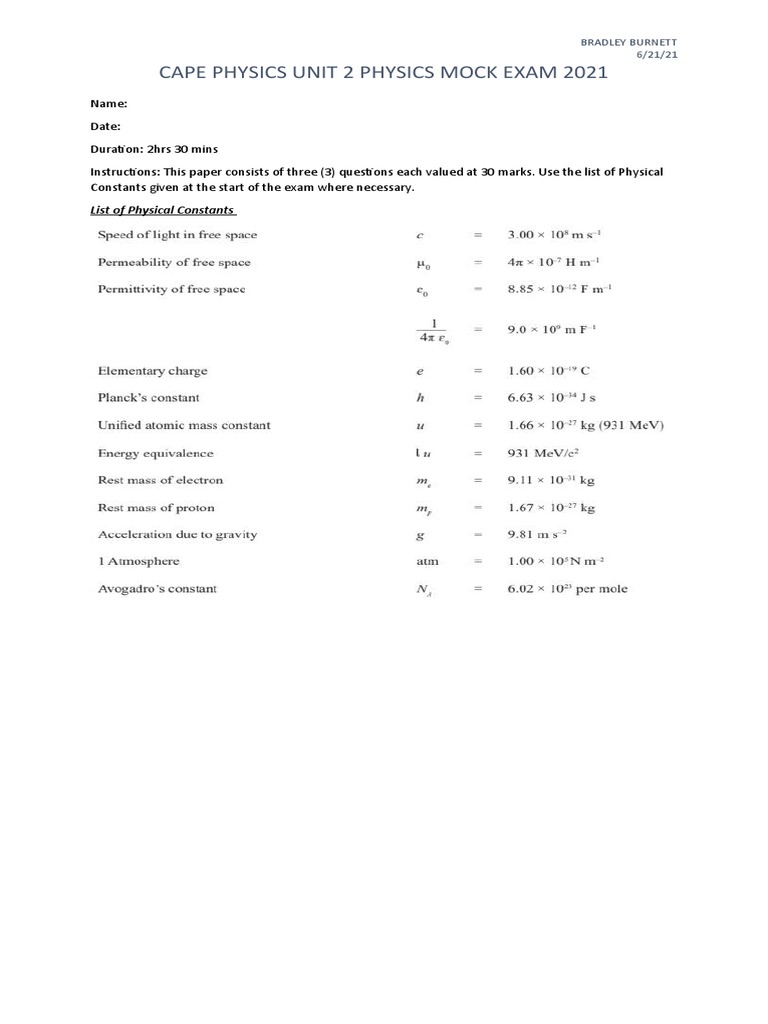 CAPE Physics Unit II Mock Exam 2021 Solutions Final | PDF | Operational Amplifier | Amplifier