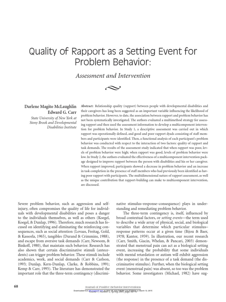 Rapport Quality as a Setting Event for Problem Behavior | PDF ...