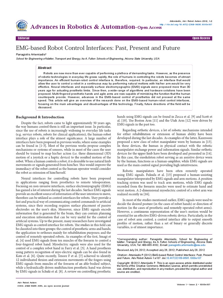 Advances in Robotics & Automation-: EMG-based Robot Control Interfaces ...