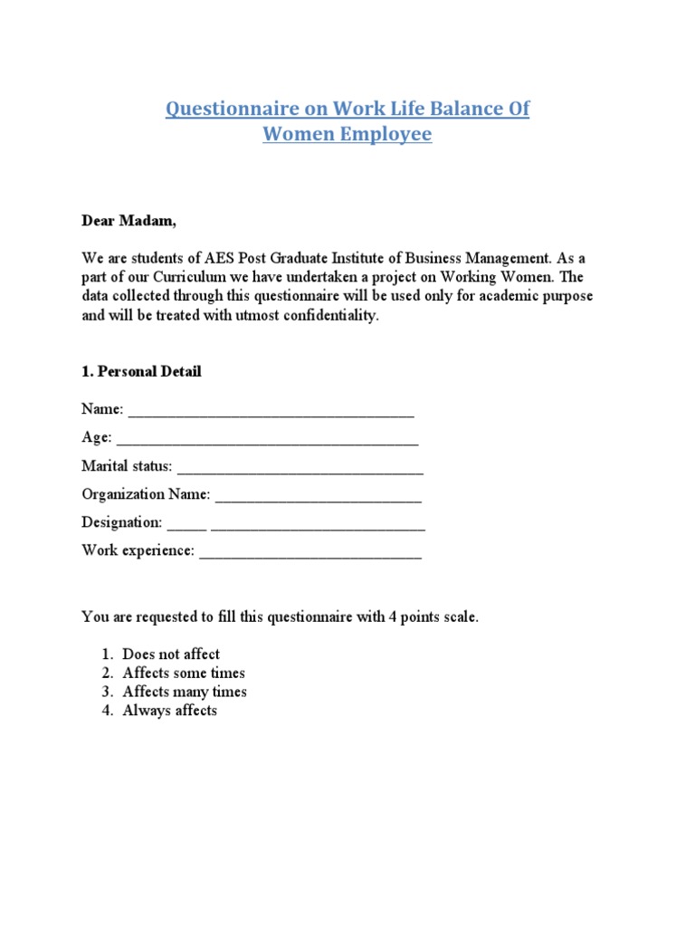 Work-Life Balance Questionnaire for Women | PDF | Armed Conflict