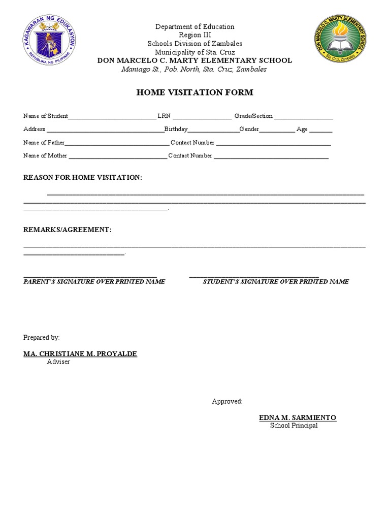 Home Visitation Form: Don Marcelo C. Marty Elementary School | PDF