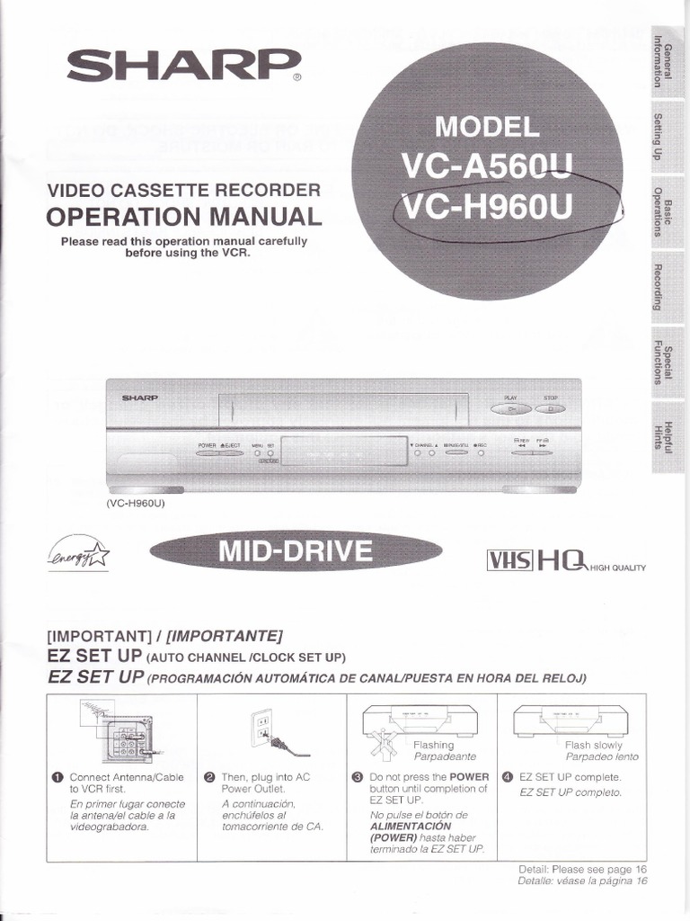 Sharp VCR Model VC-A560U and VC-H960U Operation Manual | PDF