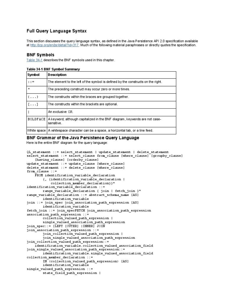 Full Query Language Syntax: BNF Symbols | PDF | Data Type | Boolean ...