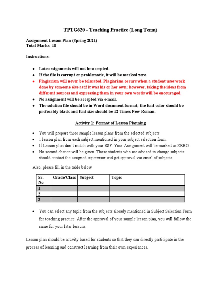 TPTG620 - Teaching Practice (Long Term) : Assignment Lesson Plan ...