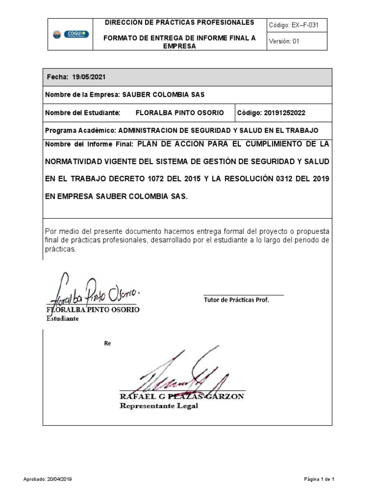 EX-F31 Formato de Entrega de Informe A La Empresa v2 | PDF