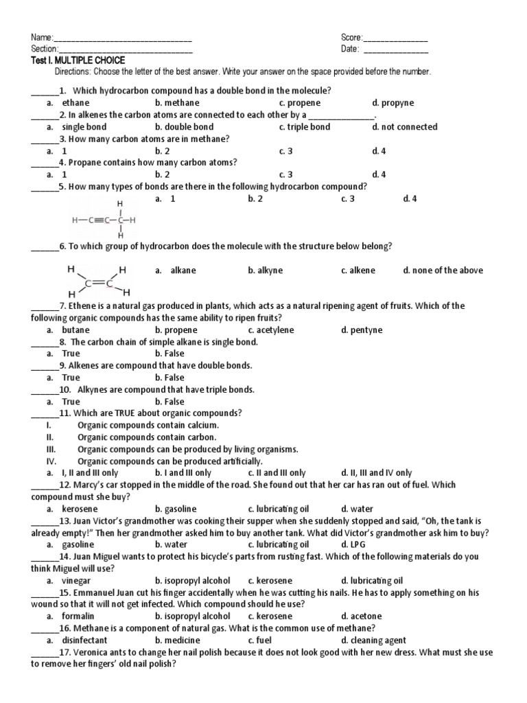 Grade 9 Organic Compounds Test | PDF | Alkene | Hydrocarbons