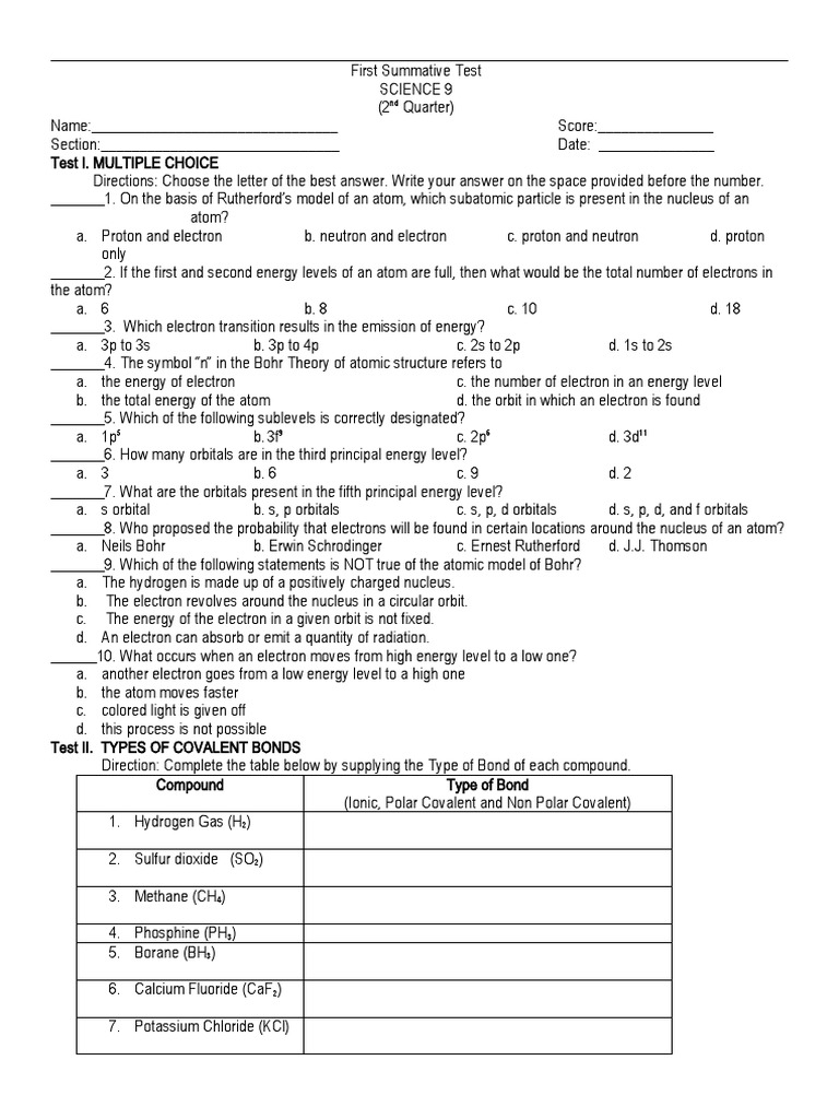 Grade 9 Science 2nd Quarter Exam | PDF | Atomic Orbital | Atoms