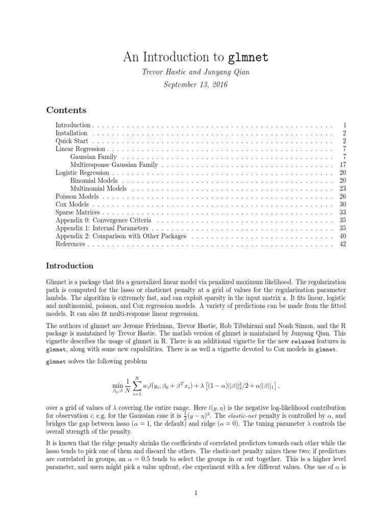 Introduction to glmnet: An R Package for Regularized Generalized Linear Models | PDF | Cross ...
