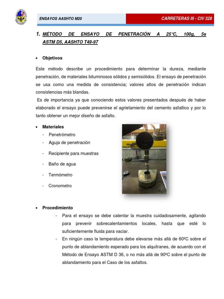 Ensayos de Asfalto: Métodos AASHTO M20 | PDF | Temperatura | Agua