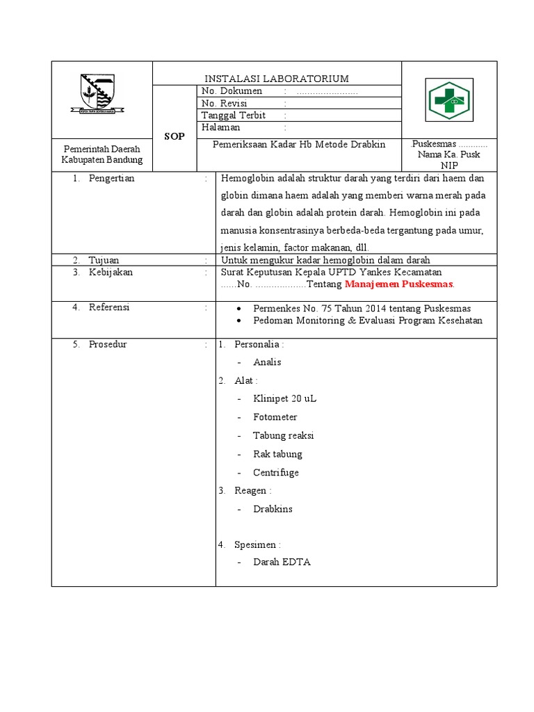 Sop Pem. Kadar HB Drabkin | PDF | Pengembangan Diri | Sains & Matematika