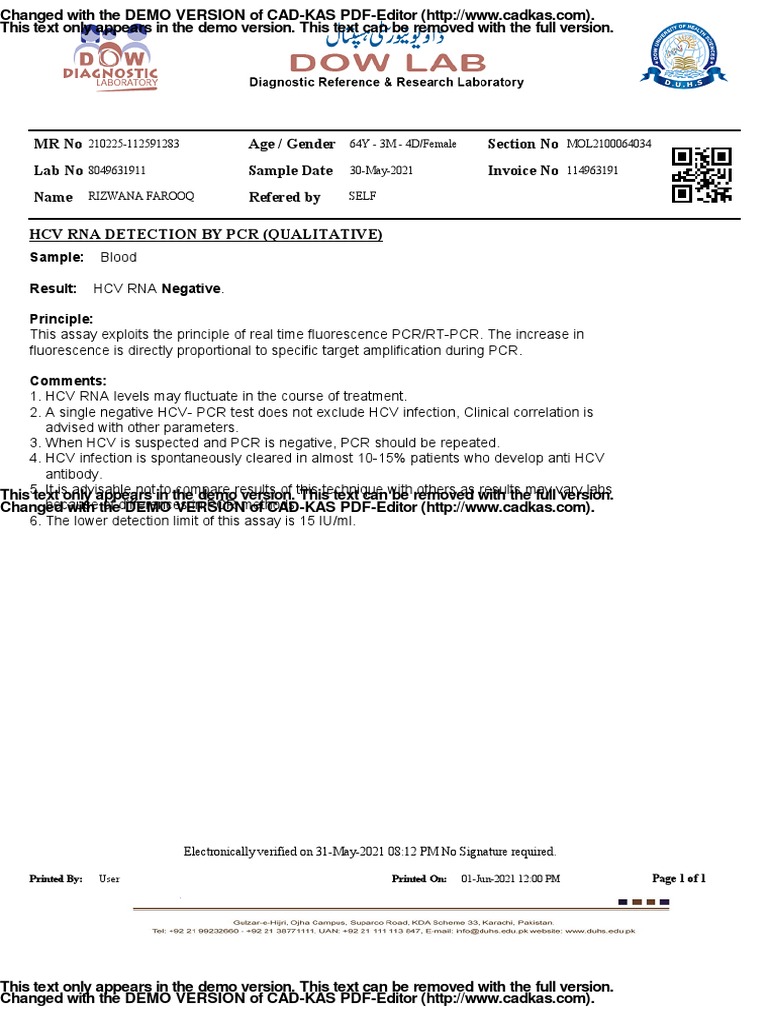 HCV RNA Detection by PCR (Qualitative) Test Report for 64-Year-Old ...
