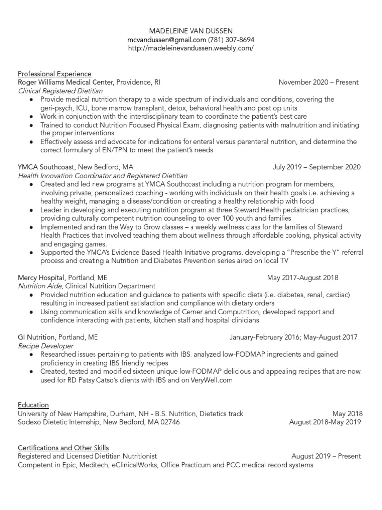 Van Dussen Maddy Resume | PDF | Dietitian | Medicine