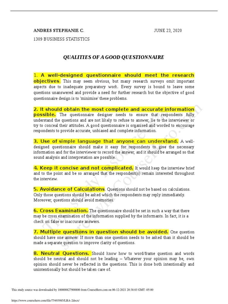 This Study Resource Was: Qualities of A Good Questionnaire | PDF ...
