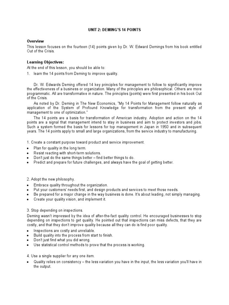 Total Quality Management - Deming's 14 Points | PDF | Quality ...