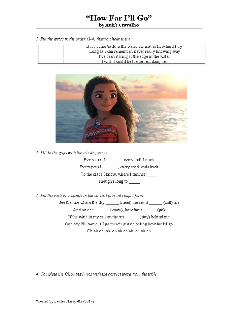 "How Far I'll Go": 1. Put The Lyrics in The Order (1-4) That You Hear ...