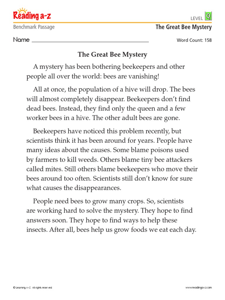 The Great Bee Mystery LVL Q Passage | PDF