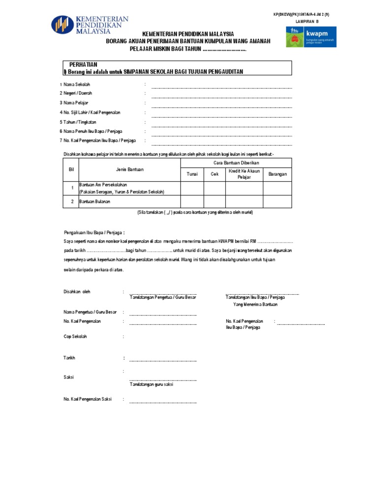 1 Borang Akaun Penerimaan Kwapm - Lampiran D | PDF