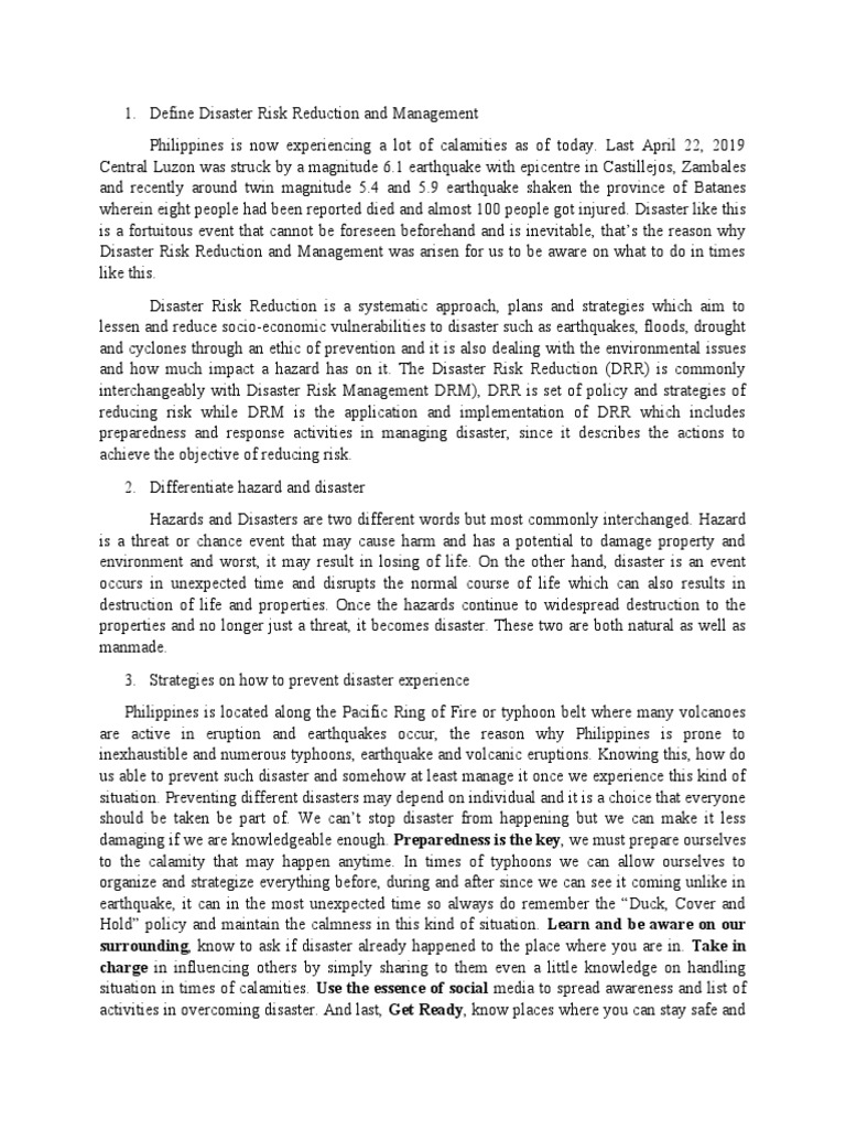 Define Disaster Risk Reduction and Management-CWTS | PDF | Disaster ...