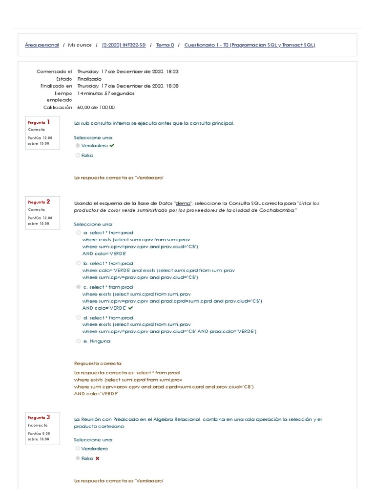 Cuestionario 1 T0 Programacion Sql Y Transact Sql Revisión Del Intento Pdf Sql
