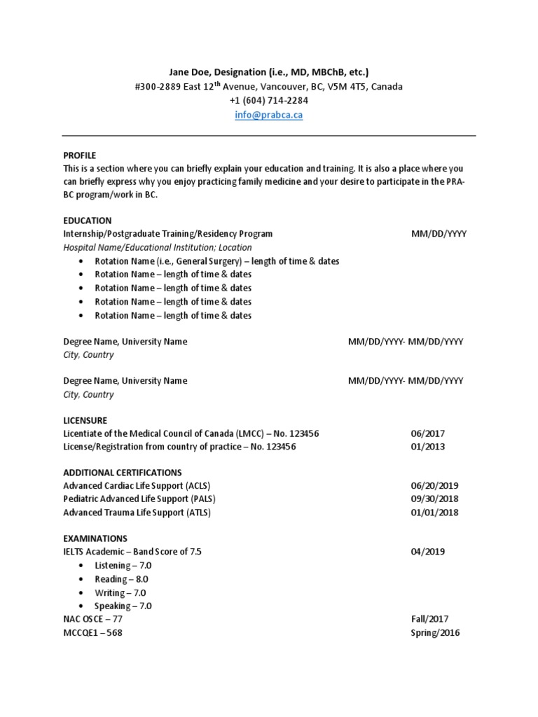 PRA-BC - Sample CV | PDF | General Practitioner | Health Care