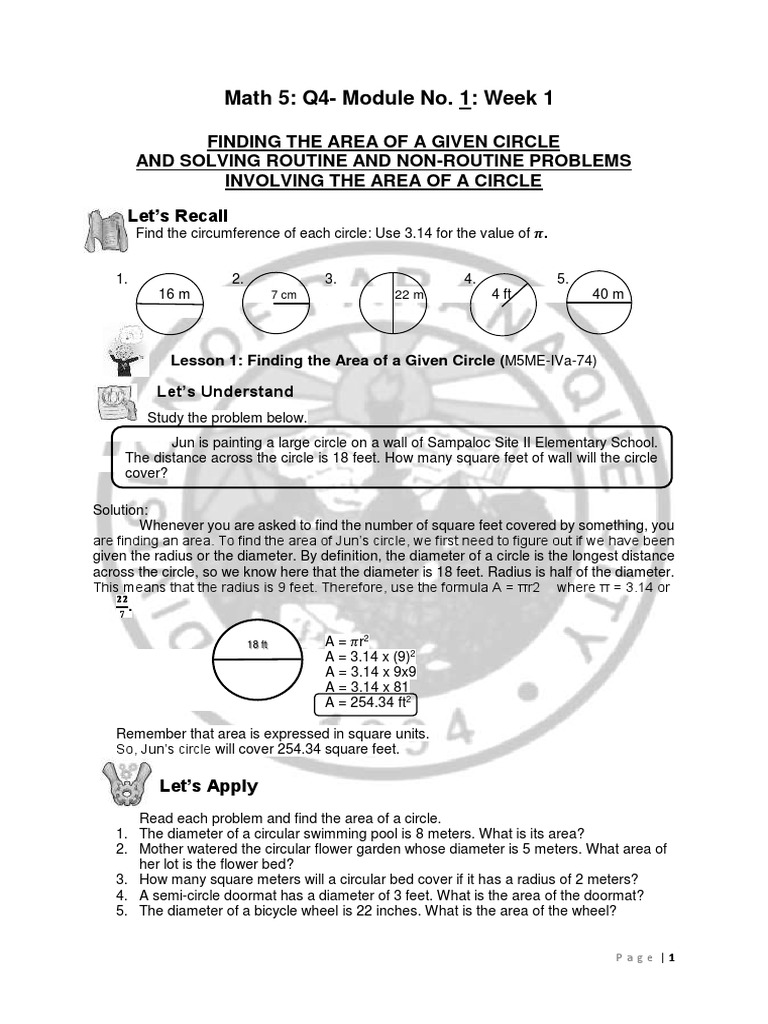 Math 5: Q4-Module No. 1: Week 1 | PDF | Area | Circle