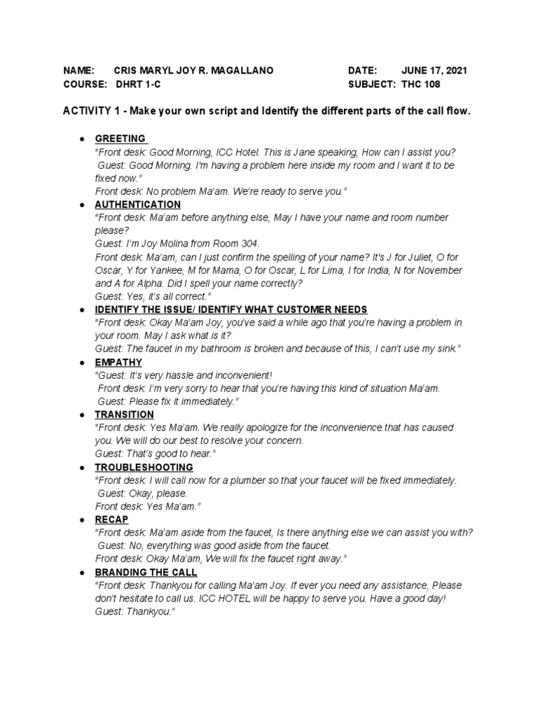 Call Flow - Script On Handling Guest Complain in The Hotel | PDF