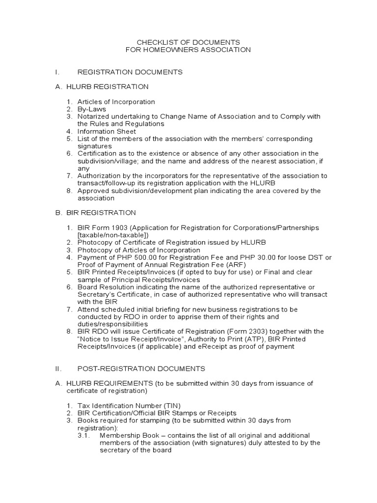 Homeowners Association Checklist | PDF | Receipt | Taxes