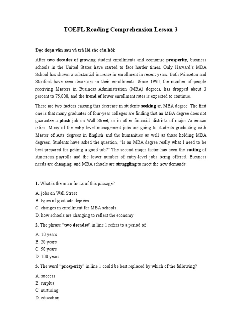 TOEFL Reading Comprehension Lesson 3: Đọc đoạn văn sau và trả lời các ...