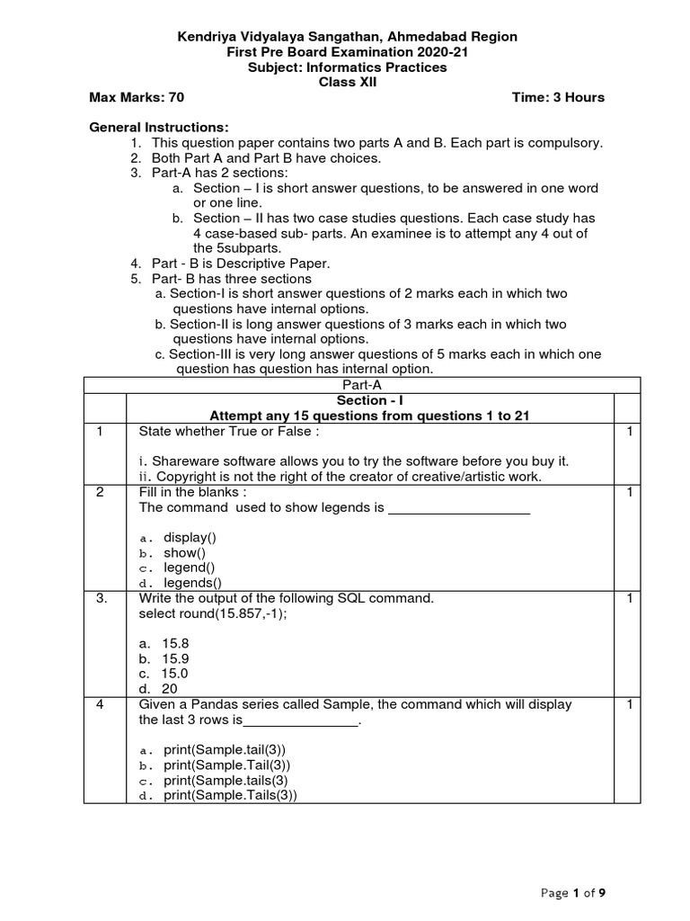 IP Sample Question Paper Class 12 | PDF | Network Topology | Sql