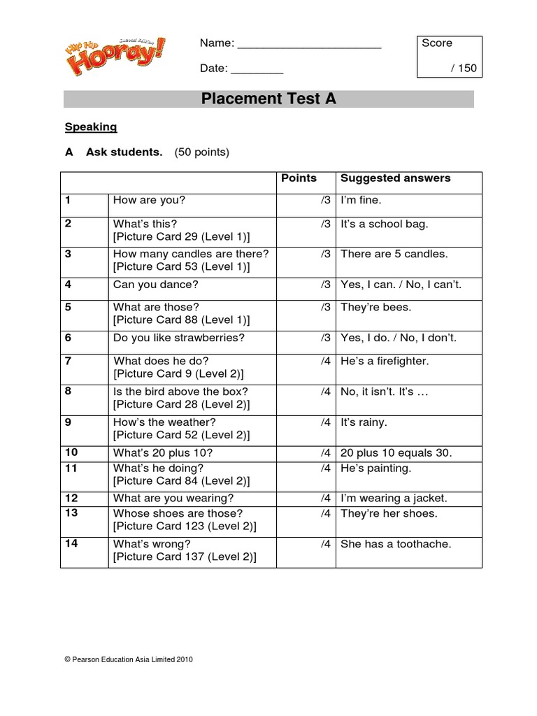 Placement Test A: Speaking A Ask Students. (50 Points) Points Suggested ...