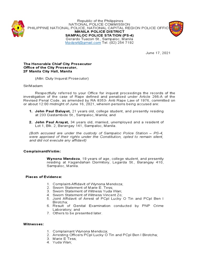 Referral For Inquest | PDF | Rape | Prosecutor